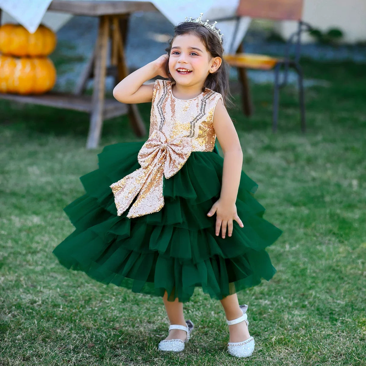 Green Big Bow Party FANCY Frock 12897 – kiddie.pk