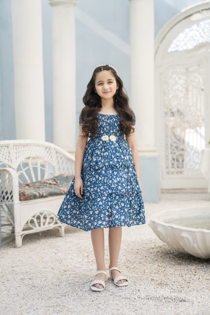 CNT Teal White Flower Summer Frock CF3 with 1 Flower – kiddie.pk